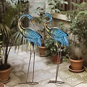 Natelf Garden Crane Statues Outdoor, Standing Blue Heron Decoy Sculptures, Metal Bird Yard Art for Lawn Patio Backyard Decoration(Set of 2)