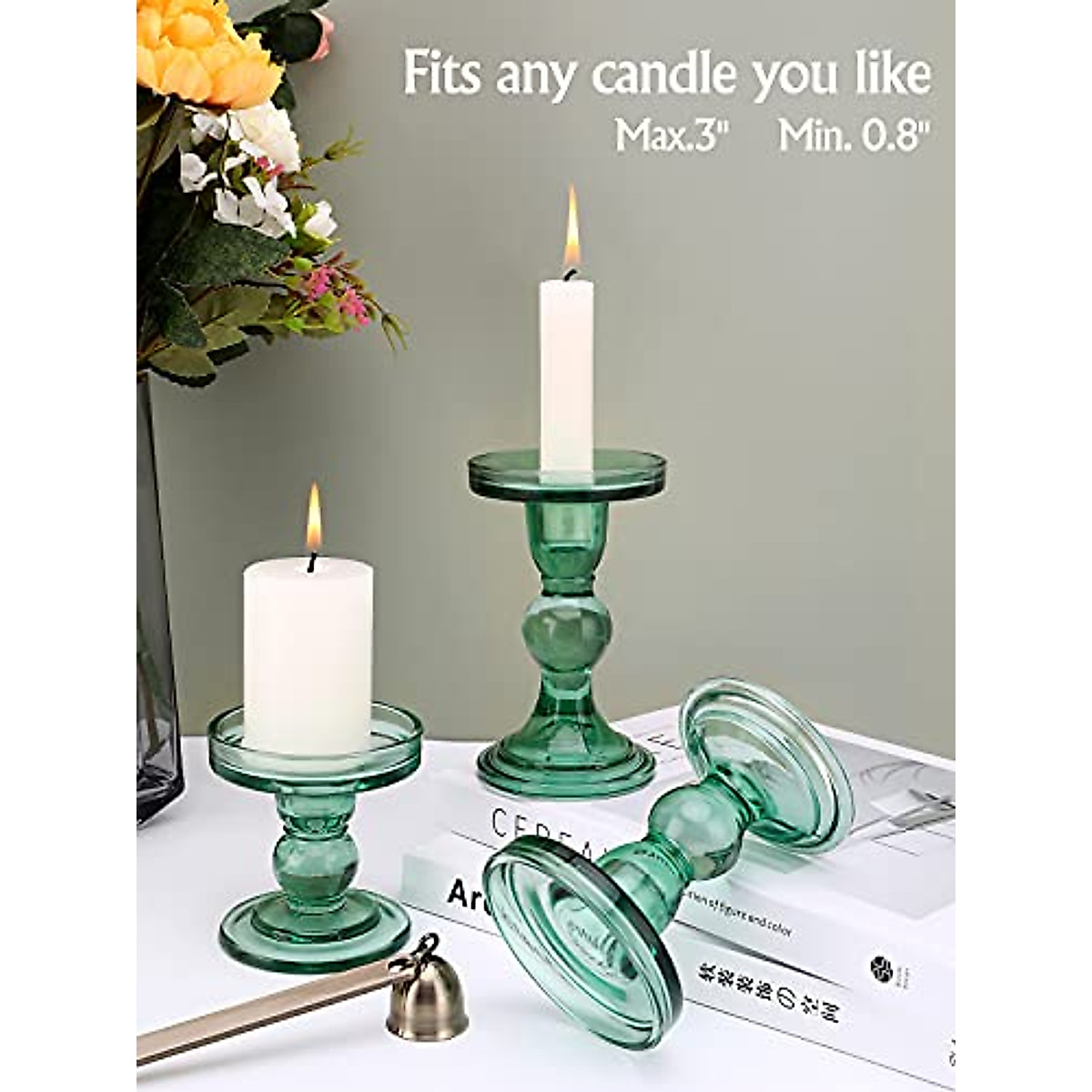 Lewondr Glass Candle Holders, 3 Pieces Crystal Clear Candlesticks with Elegant Design for Pillar Taper Candle and Tea Light, Home Table Living Room Wedding Party Decorations Home Décor - Green