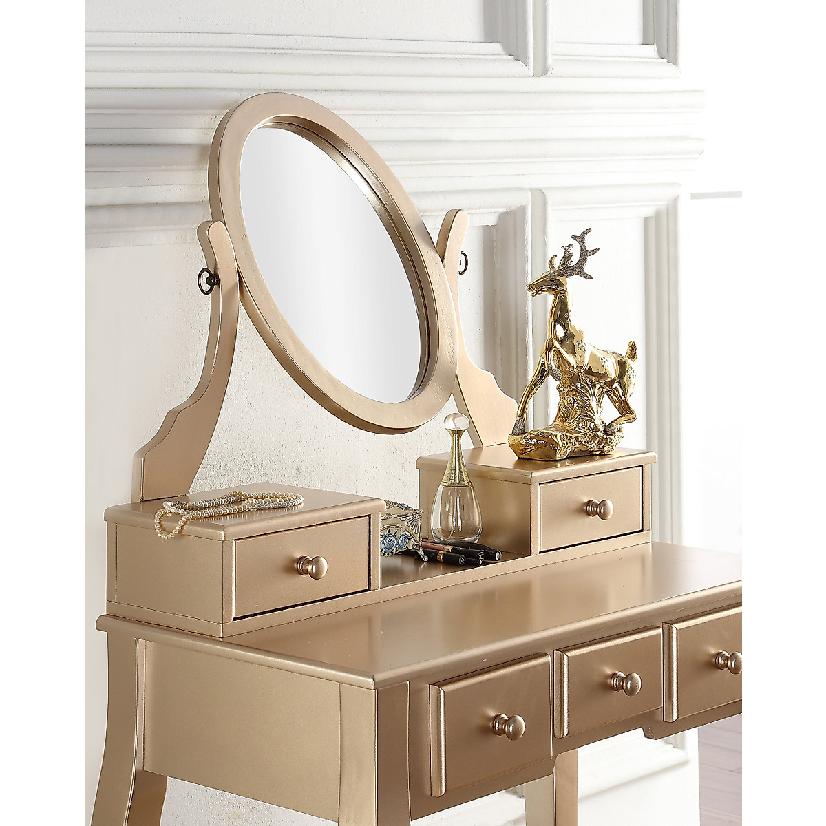 Roundhill Furniture Ashley Wood Make-Up Vanity Table and Stool Set, Cherry