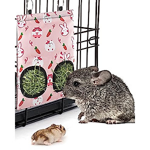 Bissap Rabbit Hay Feeder Bag, 2 Holes Hanging Hay Feeder Guinea Pig Hay Bag for Rabbits Bunny Chinchillas Hamsters Rats and Other Small Pets Small Animal - S (Pink)