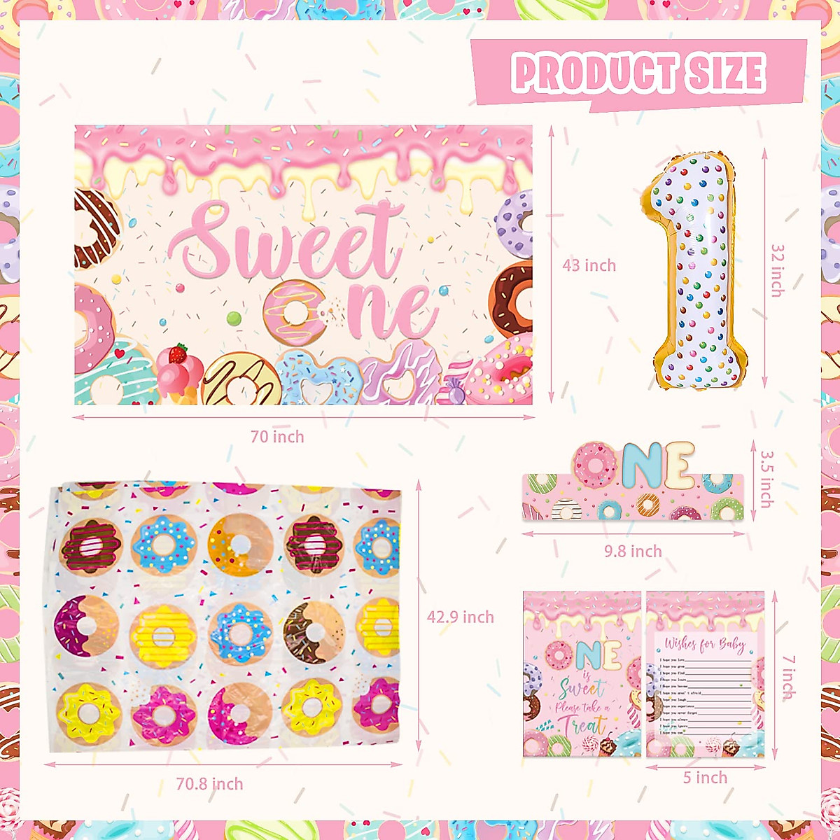 LXlucktim Donut Birthday Party Supplies for 1 Year Old Girl, 150 Pcs Sweet One Party Decorations for Girls Baby - Backdrop, Tablecloth, Crown, Poster