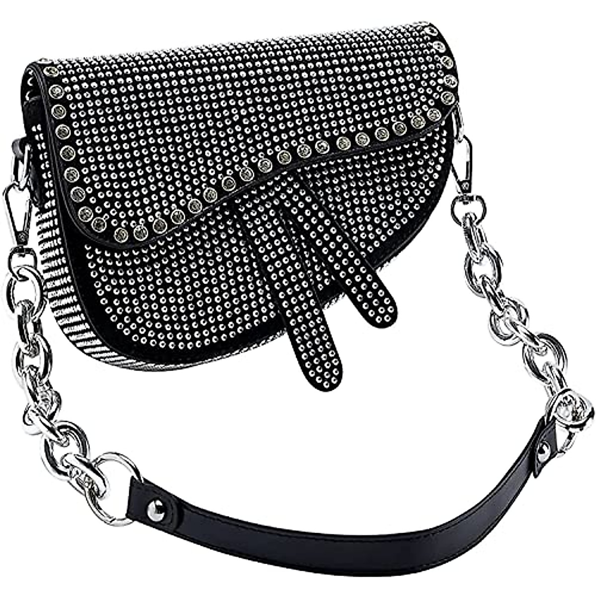 Rhinestone Saddle Bag for Women Rhinestone Crossbody Evening Bag,Clutch Bag Rhinestone Handbag Leather Crossbody Shoulder Purse (Silver)