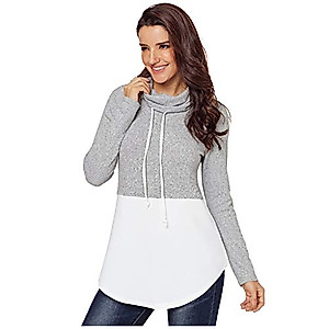 Women Cowl Neck Casual Tunic Sweatshirts Mitiy Drawstring Long Sleeve Color Block Patchwork Pullover Tops