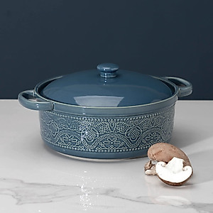 FUN ELEMENTS Lace Emboss Casserole Dish with Lid, 2 Quart Oven to Table Ceramic Round Serving Dish with Handles for Dinner and Party(Grayish Blue)