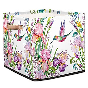 DJYQBFA Storage Basket Hummingbird Flowers Watercolor Collapsible Storage Bin with Handles Large Canvas Storage Cubes Toy Basket for Shelves Closet Nursery Cabinet Living Room Organizer 13x13x13