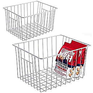Slideep Fridge Freezer Baskets, Wire Storage Organizer Basket, Household Refrigerator Bin with Built-in Handles for Cabinets, Pantry, Closets, Bedrooms White - Set of 2
