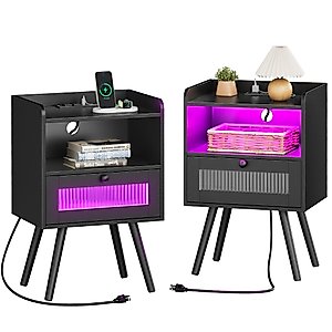 Huuger Night Stand Set of 2, Nightstand with Charging Station and LED Light Strips, Bedside Table with Glass Decorative Drawer, End Table Side Table with Solid Wood Feet, for Bedroom, Black