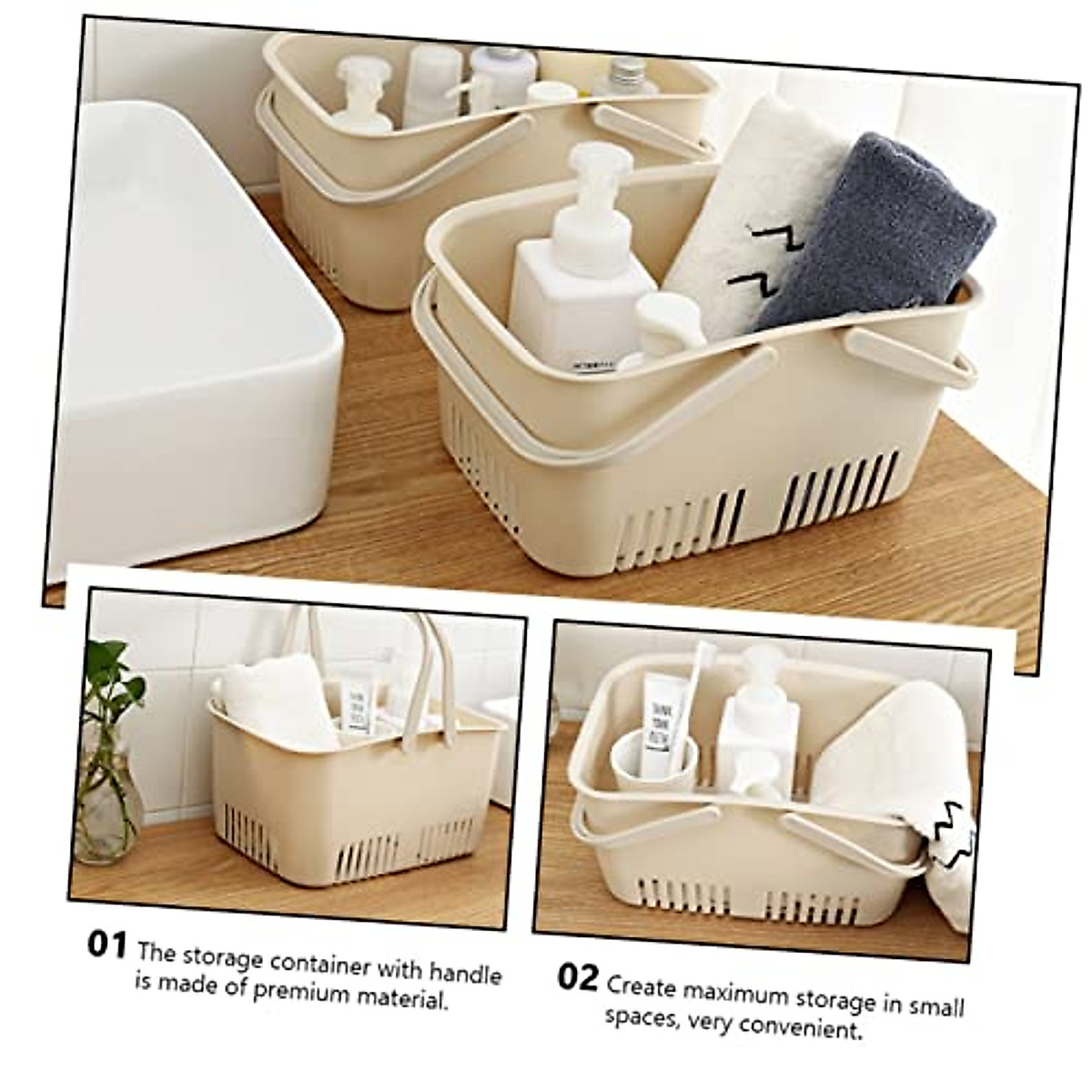 Levemolo Holder Container Tote Caddy Shower Storage Organizer Bathroom Serving Hollow Bath Plastic Food Handle with Sundries Household Toiletries Bathing Tray Basket Handheld Beige Fruit