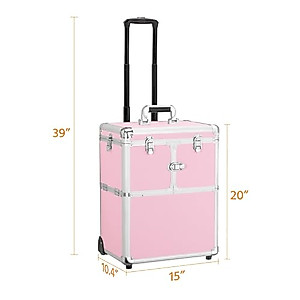 Yaheetech Professional Makeup Train Case Travel Makeup Trolley Rolling Cosmetic Case Beauty Train Case Beauty Organizer, Pink