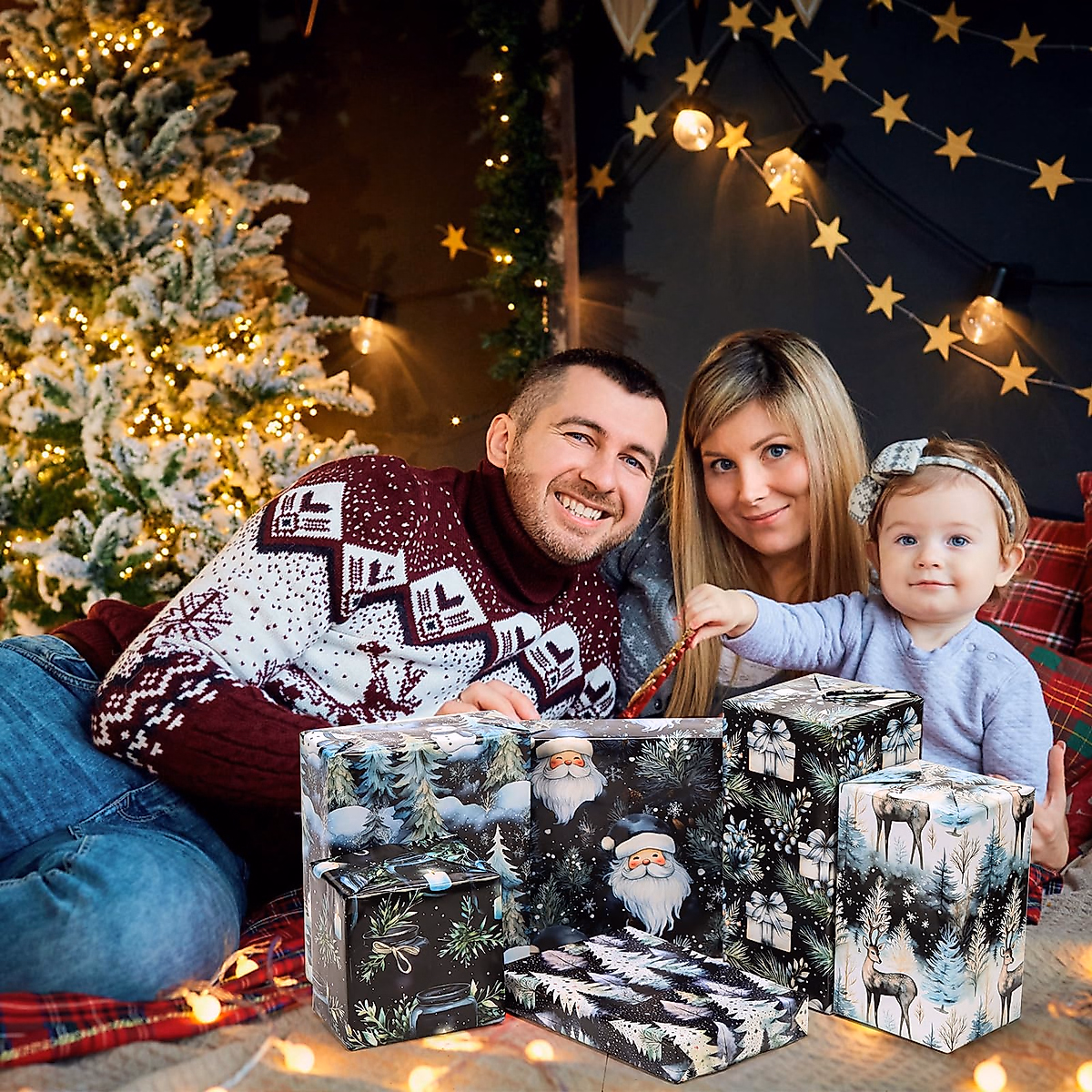 Vnaaem Black Christmas Wrapping Paper 6 Watercolor Xmas Style Gift Wrapping Paper Bulk Santa Snowman Christmas Trees and Reindeer Designs Folded Flat for Winter Holiday - 20 X 28Inches Per Sheet(6 Pack)