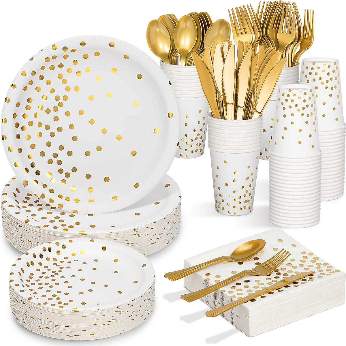 White and Gold Party Supplies, 350PCS Disposable Dinnerware Set w/White Paper Plates Napkin Cups Plastic Forks Knives Spoon for Women Men Birthday Easter Retirement Engagement Graduation Decorations