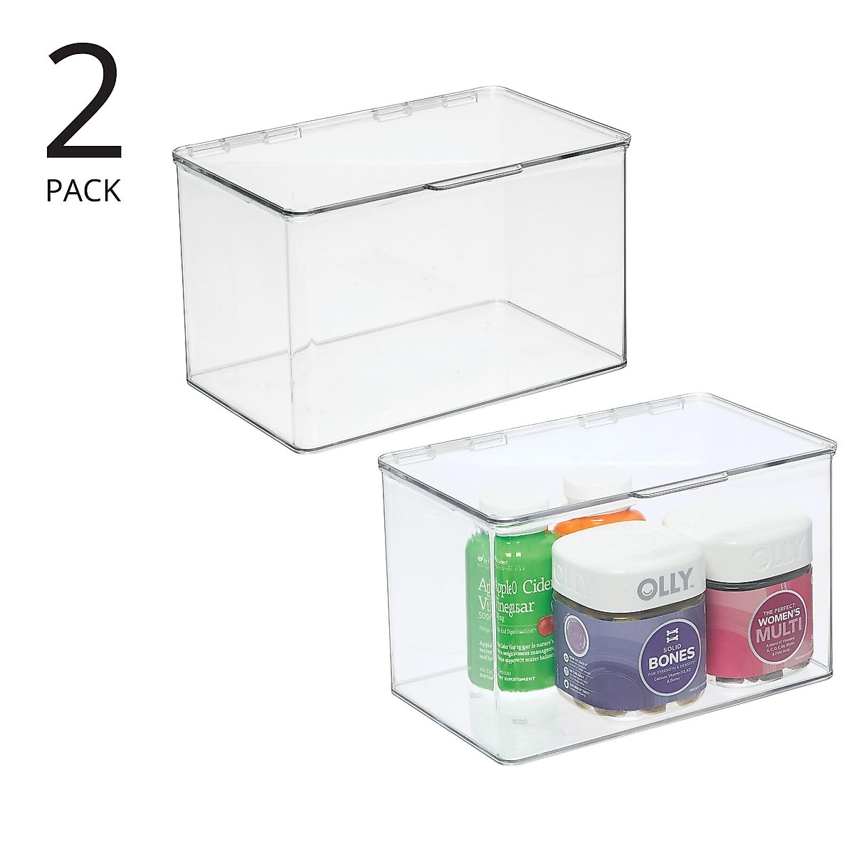 mDesign Plastic Bathroom Stackable Storage Box with Attached Hinged Lid - Holds Soap, Body Wash, Shampoo, Lotion, Conditioner, Hand Towels, Hair Accessories, Ligne Collection - 2 Pack - Clear