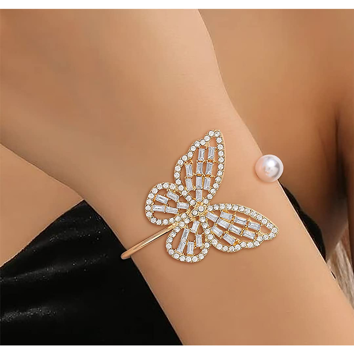 ELABEST Glitter Crystal Bracelet Rhinestone Bracelet Gold Dainty Hollow Bangle Wedding Bridal Bridesmaid Bracelet Jewelry for Women (White Butterfly)