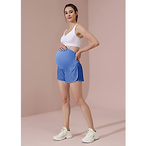 Maacie Women Maternity Layered Fast Drying Yoga Shorts with Liner Inner Pocket Hydrangea Blue