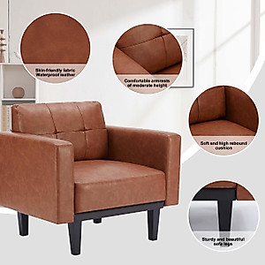 AYEASY Mid-Century Modern Leather Accent Set of 2, Oversized Upholstered Single Sofa Chair with Wood Base & Legs, Comfy Living Room Armchairs for Apartment Bedroom Office Study, Cognac/Espresso, Brown