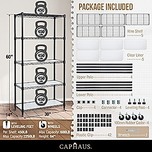 CAPHAUS NSF Commercial Grade Heavy Duty Wire Shelving w/Wheels, Leveling Feet & Liners, Storage Metal Shelf, Garage Shelving Storage, Utility Wire Rack Storage Shelves, w/Liner, 30 x 14 x 64 5-Tier