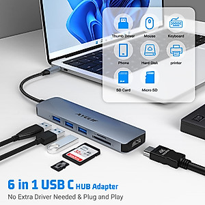 AYCLIF 6 in 1 USB C Hub, Dual Display USB C Adapter for MacBook Pro/Air, USB 3.0 5Gbps Fast Docking Station (4K HDMI,SD/TF,USB A 3.0) for Dell,Surface,HP,Lenovo and Type C Devices