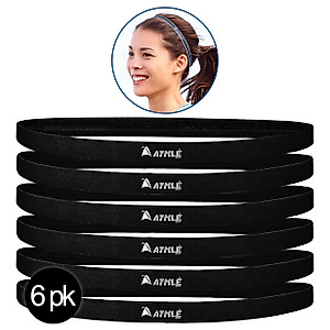 Athlé Skinny Headbands for Women and Men - 6 Pack - Elastic Headbands for Women and Men - Non Slip Silicone Grip - Lightweight and Comfortable Thin Headbands - Black