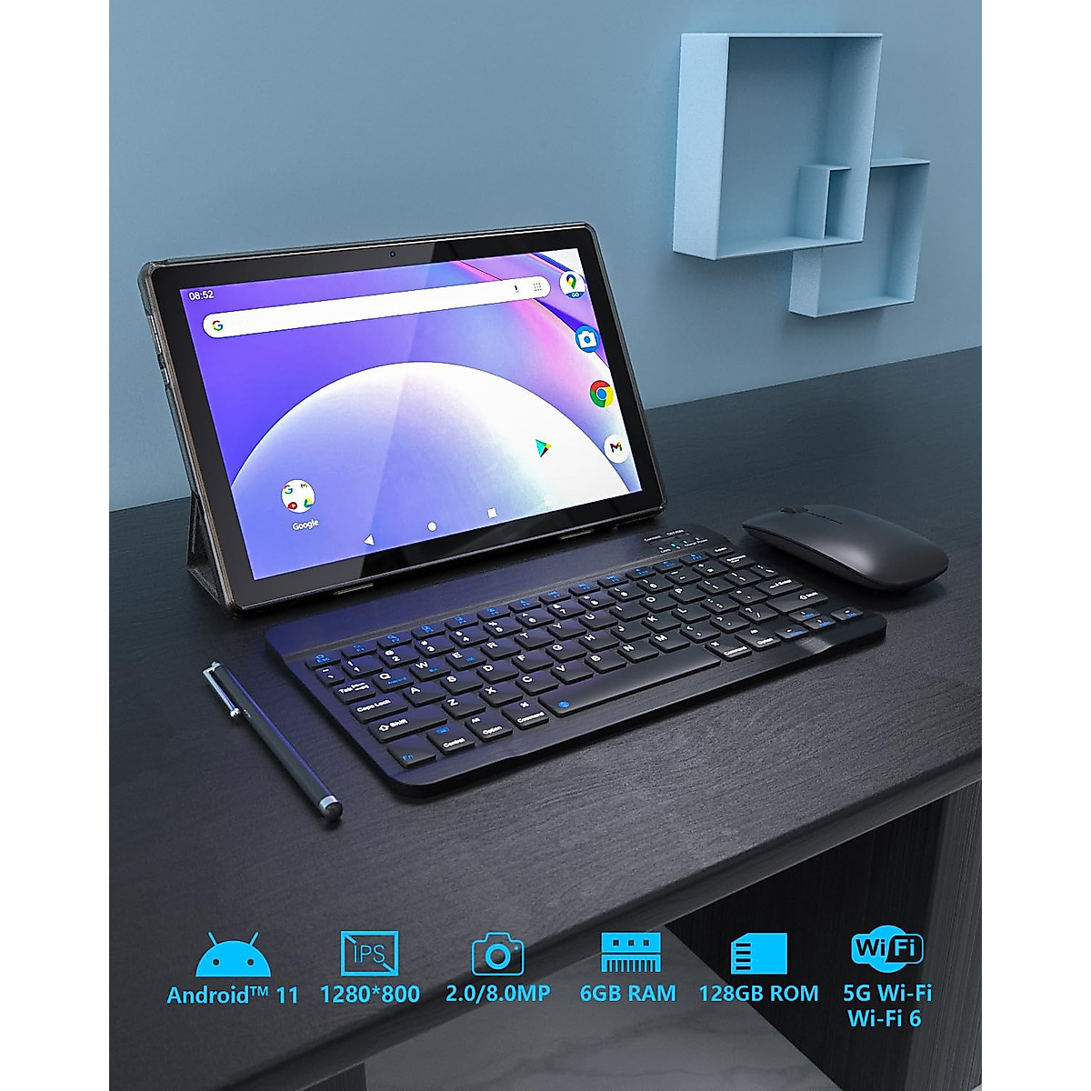 Android Tablet 10 Inch Tablets, 2 in 1 Tablet With Keyboard Include Mouse Case Stylus Tempered Film 5G Wifi Wifi6 128GB ROM+6GB RAM 10 IN IPS 8MP Camera 6000mAh Battery 10.1" FHD Android 11 Tab Black