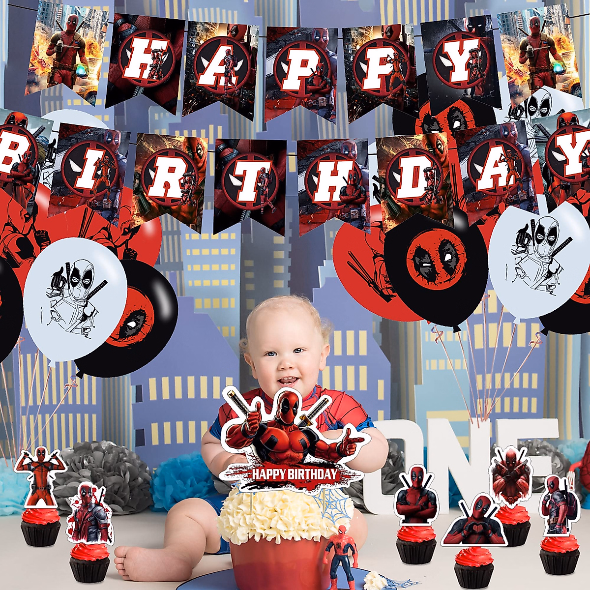 Deadpool Party Decorations,Birthday Party Supplies For Deadpool Party Supplies Includes Banner - Cake Topper - 12 Cupcake Toppers - 18 Balloons - 50 Deadpool Stickers