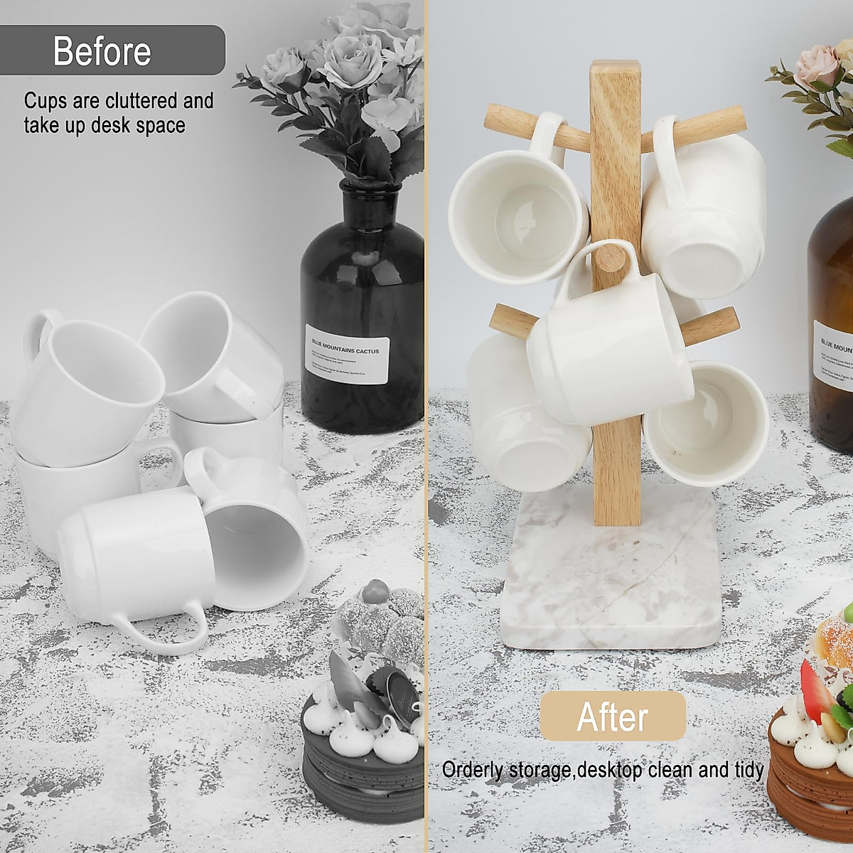 WORHE Marble Mug Holder Thicker Base Coffee Cup Holder with 6 Hooks Stand for Countertop, Mug Stand Hanger for Coffee Bar Accessories and Decor Coffee Organizer Station White (WH032)