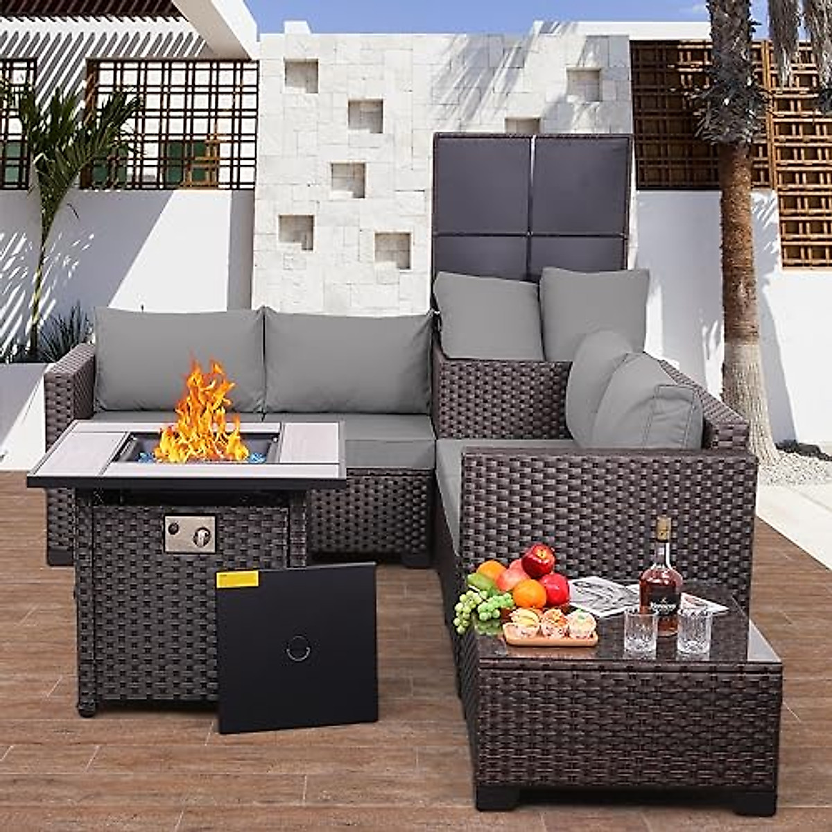 WAROOM 5 Pieces Patio Furniture Set PE Wicker Outdoor Brown Rattan Sectional Sofa Loveseat Couch Conversation Chair with Storage Bin Coffee Table and Propane Fire Pit, Anti-Slip Grey Cushion
