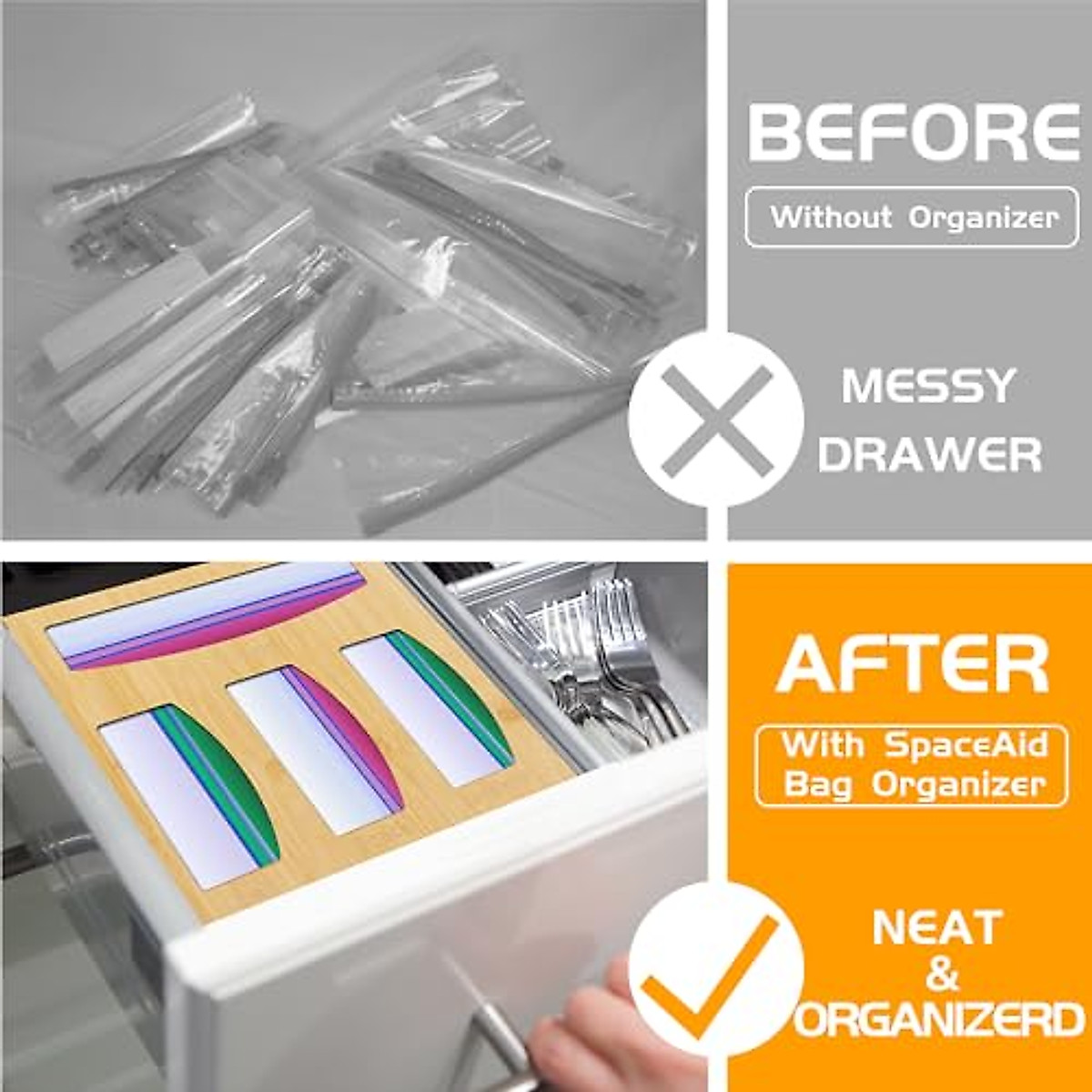 ARSHOPHIVE Bag Storage Organizer for Kitchen Drawer, Bamboo Organizer, Compatible with Gallon, Quart, Sandwich and Snack Variety Size Bag (1 Box 4 Slots) (Natural)