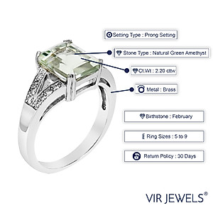 VIR JEWELS 2.20 cttw Emerald Shape Green Amethyst Ring Brass with Rhodium Plating 10x8 MM Size 7