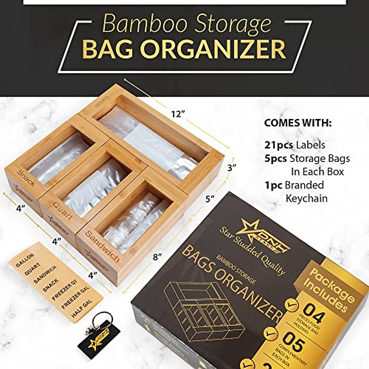 DNH Stars Bamboo Ziplock Bag Storage Organizer - 4 Box Wooden Containers for Snack, Sandwich, Quart & Gallon Size Zip Lock Bags - Fits In Kitchen Drawer, Cabinet - Ready to Use Labels & Bags