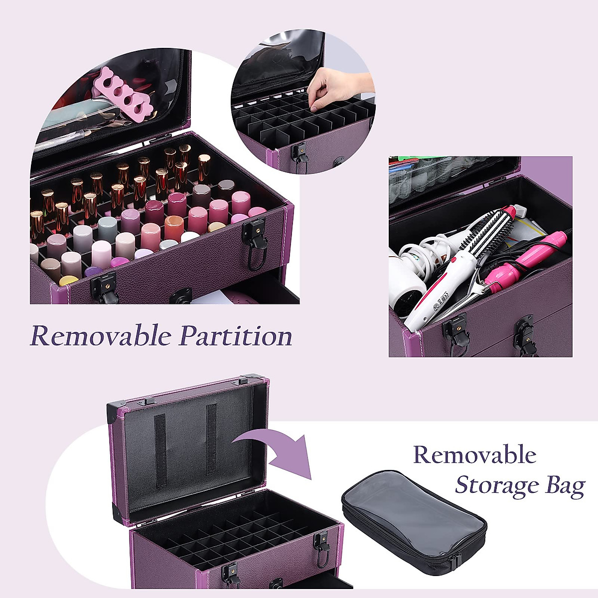 FRENESSA Rolling Nail Case Wheeled Manicure Storage Case Polish Organizer Professional Makeup Trolley for Studio or Travelling Nail Technician Artists Cosmetologist Stylist - Purple Vegan Leather