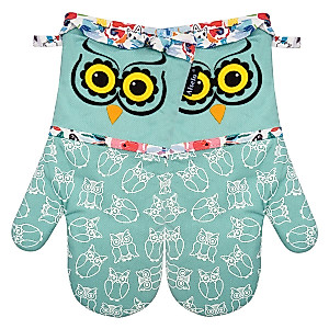 Alselo Oven Mitts, Heat Resistant with Soft Quilted Cotton Lining Set of 2, Fashion Animal Design with Silicone Printing Anti-Slip Kitchen Gloves for Safe Backing Cooking Barbecue (Green 2)