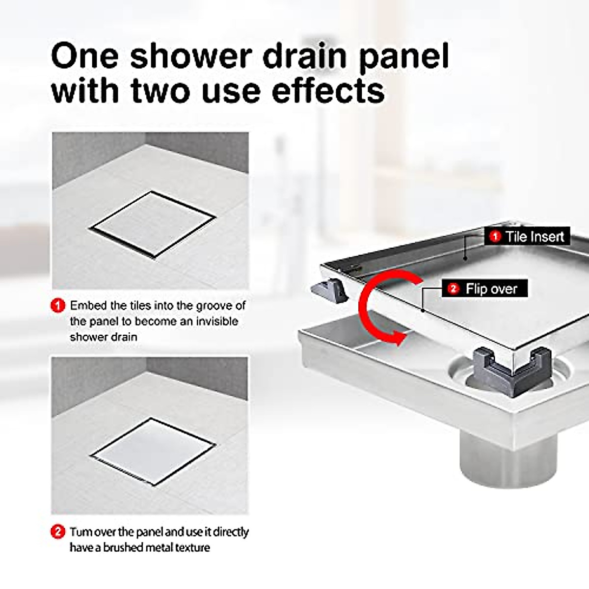 SaniteModar Shower Drain, 6 inch Shower Floor Drain with Shower Drain Base, Tiled Insert 2 in 1 Panel Shower Drain, 304 Stainless Steel Brushed Shower Drain with Hair Strainer and Threaded Adapter