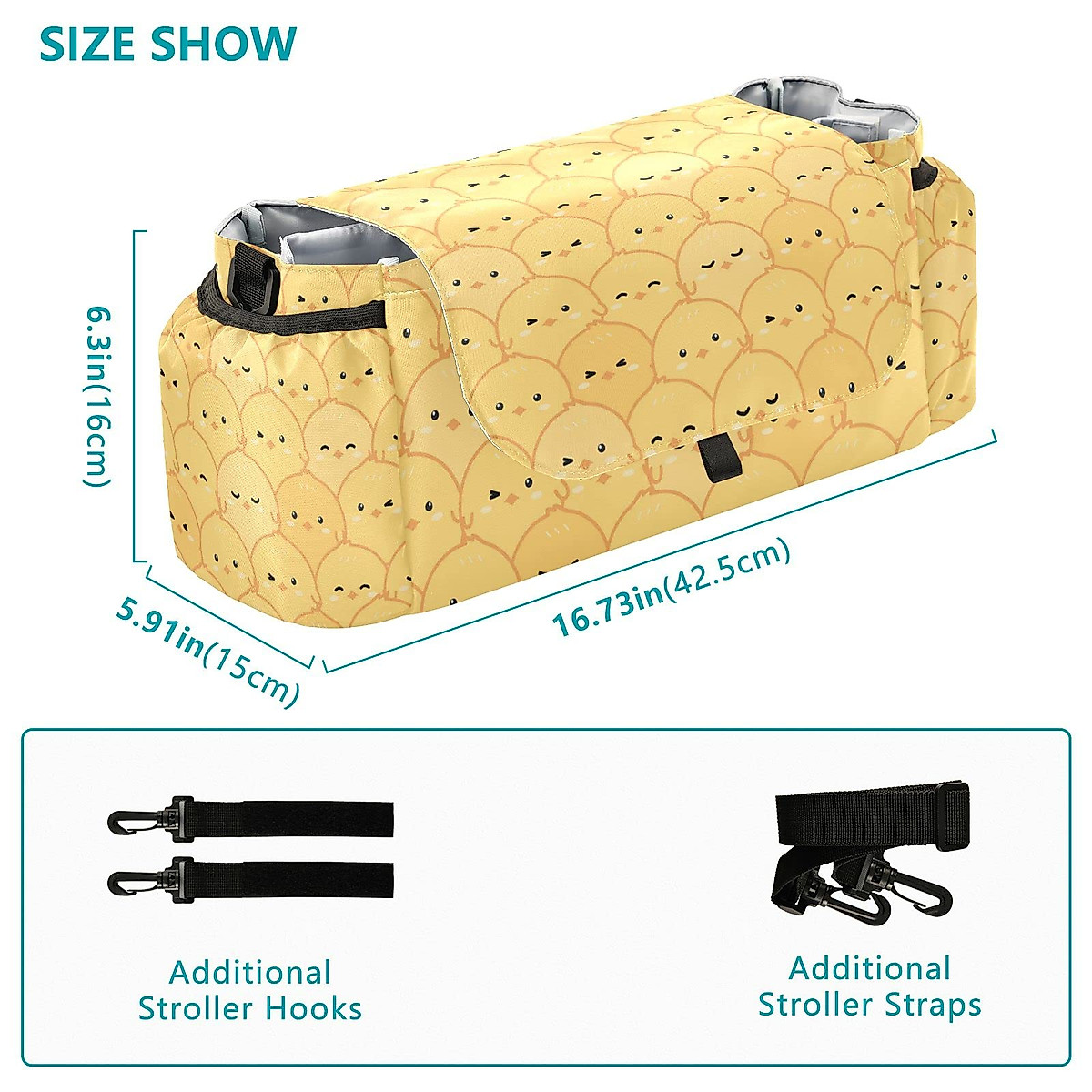 Sinestour Little Yellow Chickens Stroller Organizer with Cup Holder Universal Stroller Organizer Bag Detachable Shoulder Strap Stroller Accessories for Diaper Toys Snacks Keys Fit All Baby Stroller