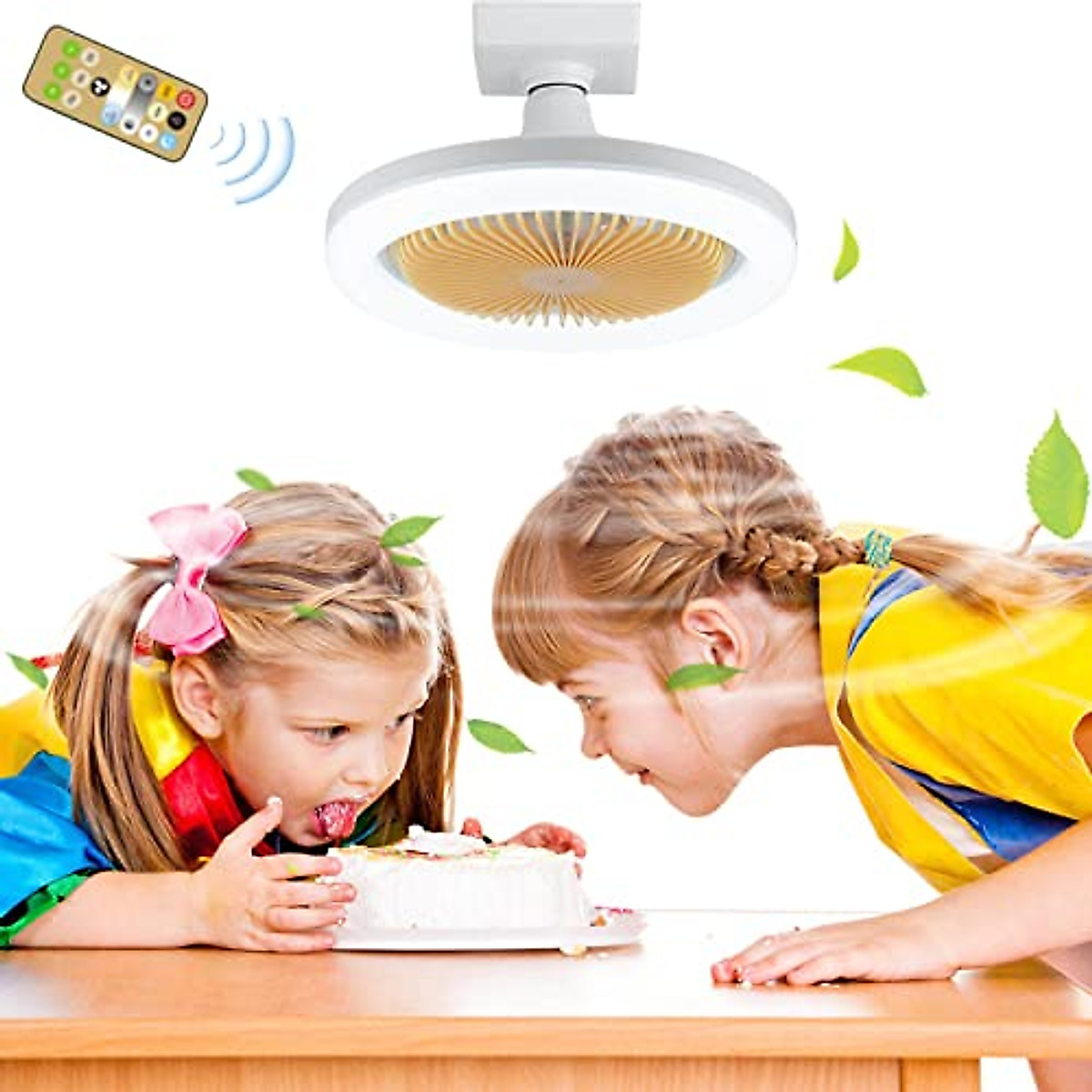 Modern Ceiling Fan with Lights, 10 inches Enclosed Bladeless Ceiling Fan with Remote Control, Flush Mount Low Profile LED Ceiling Fan Light with 3 Colors Dimmable, Smart Timer, Suitable for E27 Base