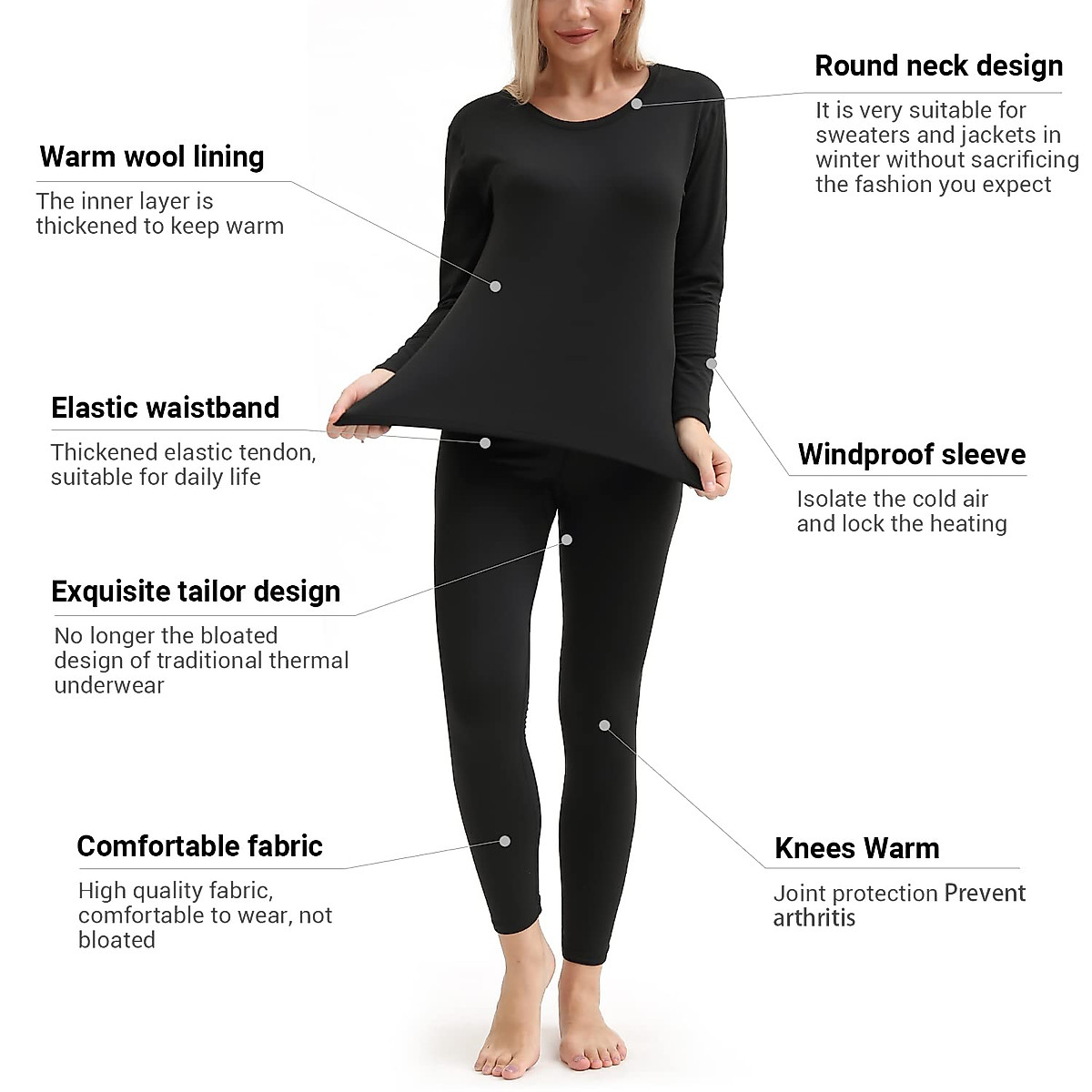 PISIQI Thermal Underwear Women Ultra-Soft Long Johns Set Base Layer Skiing Winter Warm Top & Bottom Black