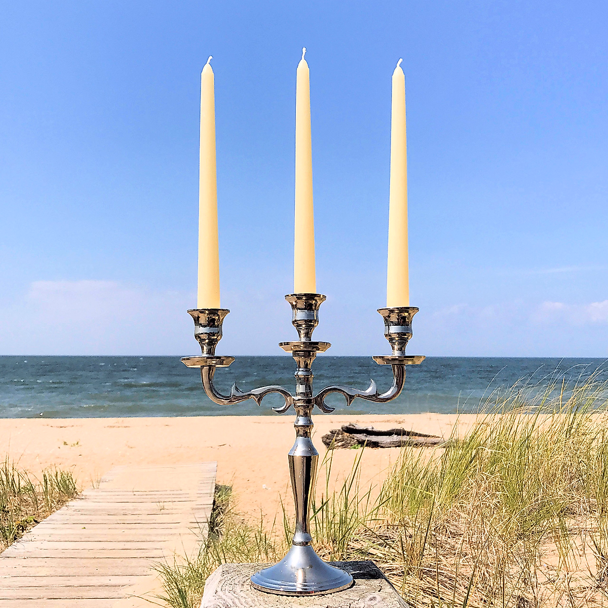 Hamptons Three Arm Silver Candelabra, Hand Crafted of Silver Aluminum Nickel, 10.25 Inches High, Weighted