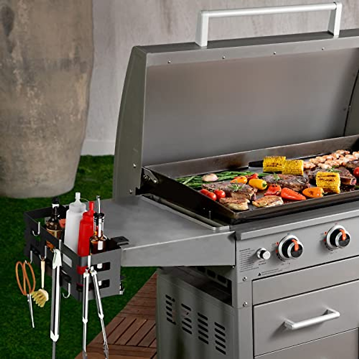 Griddle Caddy for Blackstone Griddle Accessories, Space Saving Grill Accessories Storage Caddy, BBQ Accessories Holder for Blackstone 28”-36” Griddle with a Magnetic Tool Holder and 6 J-Hooks