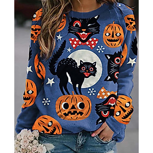 Neyaolk Women Halloween Sweatshirt Pullover Lightweight - Pumpkins Cats Moon Printing Raglon Long Sleeve Blouse Blue XXL