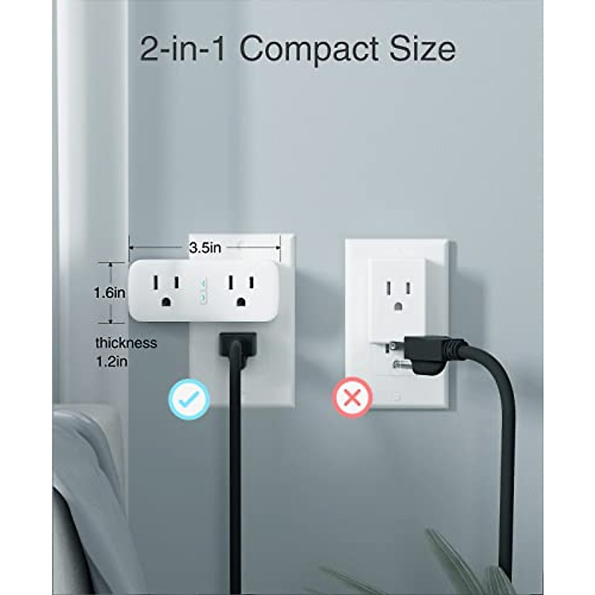 Smart Plug Extender, WISEBOT 2.4G WiFi Dual Outlet Works with Alexa and Google Home, Surge Protector Mini Socket Plug-in Remote Control and Timer Function, 10A 1200W, 2-Pack, White