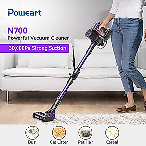 POWEART Cordless Vacuum Cleaner, 8-in-1 Cordless Stick Vacuum 30Kpa Powerful Suction, 8-Cell 2600mAh Battery 350W Rechargeable Vacuum Cleaner Cordless for Hard Floor Carpet Pet Hair - Purple