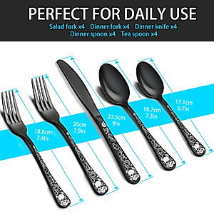MUJINON Skull Black Silverware Set for 4, 20-Piece Black Flatware Set, Gothic Skeleton Cutlery for Decoration, Halloween, Party, Gift, Housewarming