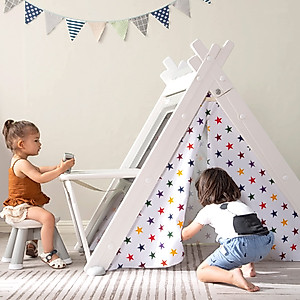 Merax Foldable Triangle Climber, 4-in-1 Kids Hideaway Play Tent with Art Easel, Stool for Toddlers, Climbing Triangle Crawling Tunnel Toy Activity Play Set (White)