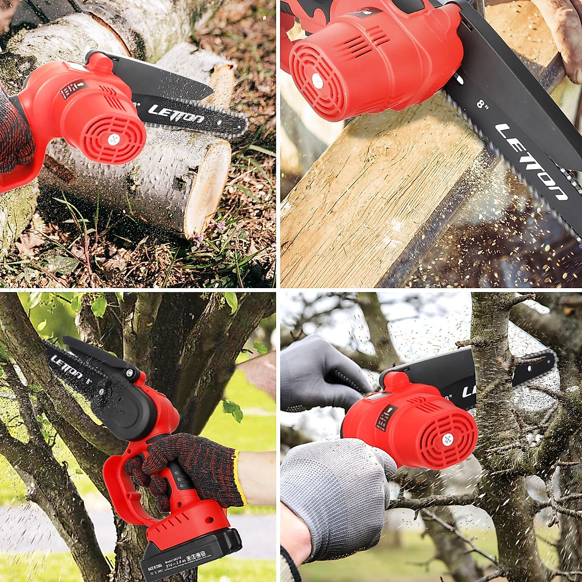 Letton Mini Chainsaw,8 inch & 6 inch electric chainsaw cordless With 21V Battery Powered,Portable Hand Held Chain Saw For Cutting Trees Branch Trimming Pruning-Red