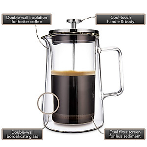 Kaffe Large French Press Coffee Maker & Camping Coffee Pot - Double-Wall Insulated Borosilicate Glass Tea & Coffee Press - Perfect Travel & Camping Cookware (6 cups / 0.8L)