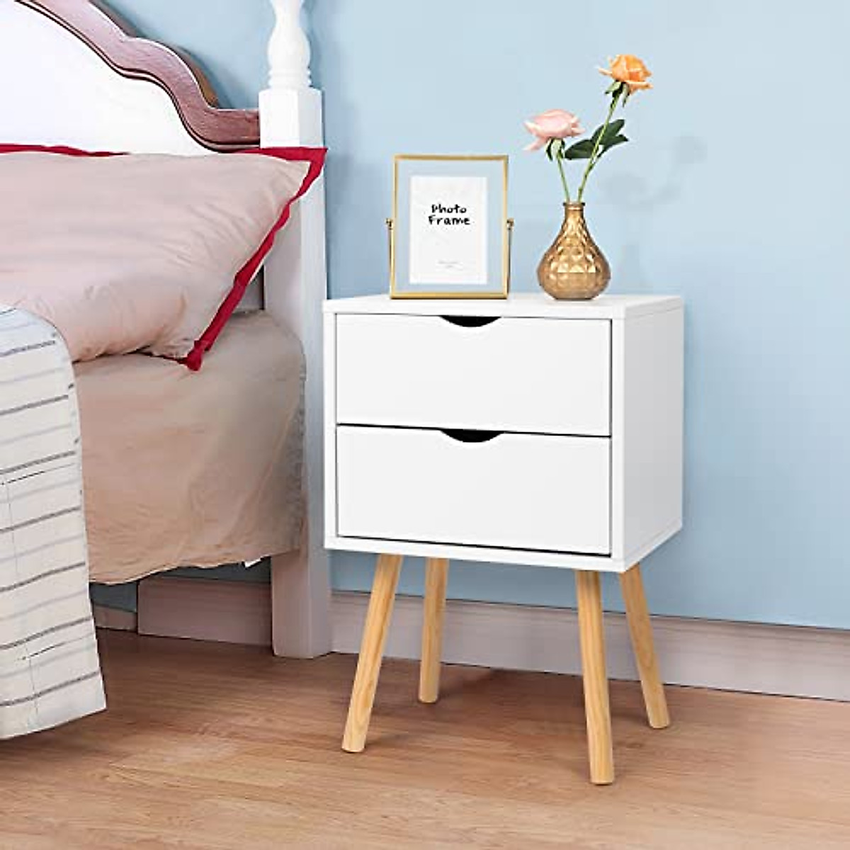 UDeuxff Nightstands,Bedside Table with 2 Drawers &Wood Legs,Wood Accent Table,Side Table End Table for Bedroom,Living Room,Dorm,Easy Assembly (1 Pack)