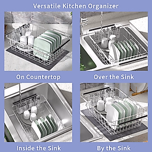 JAQ Dish Drainer in Sink Adjustable 14.96" to 20.59", Expandable 304 Stainless Steel Metal Dish Drying Rack Organizer with Stainless Steel Utensil Holder Over Inside Sink Counter