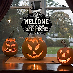 DR.DUDU Halloween Door Decoration, Halloween Welcome Sign, Halloween Skeleton Hanging Welcome Sign, 16" Wood Door Sign Haunted House Skeleton Decor, Halloween Wall Sign (black)