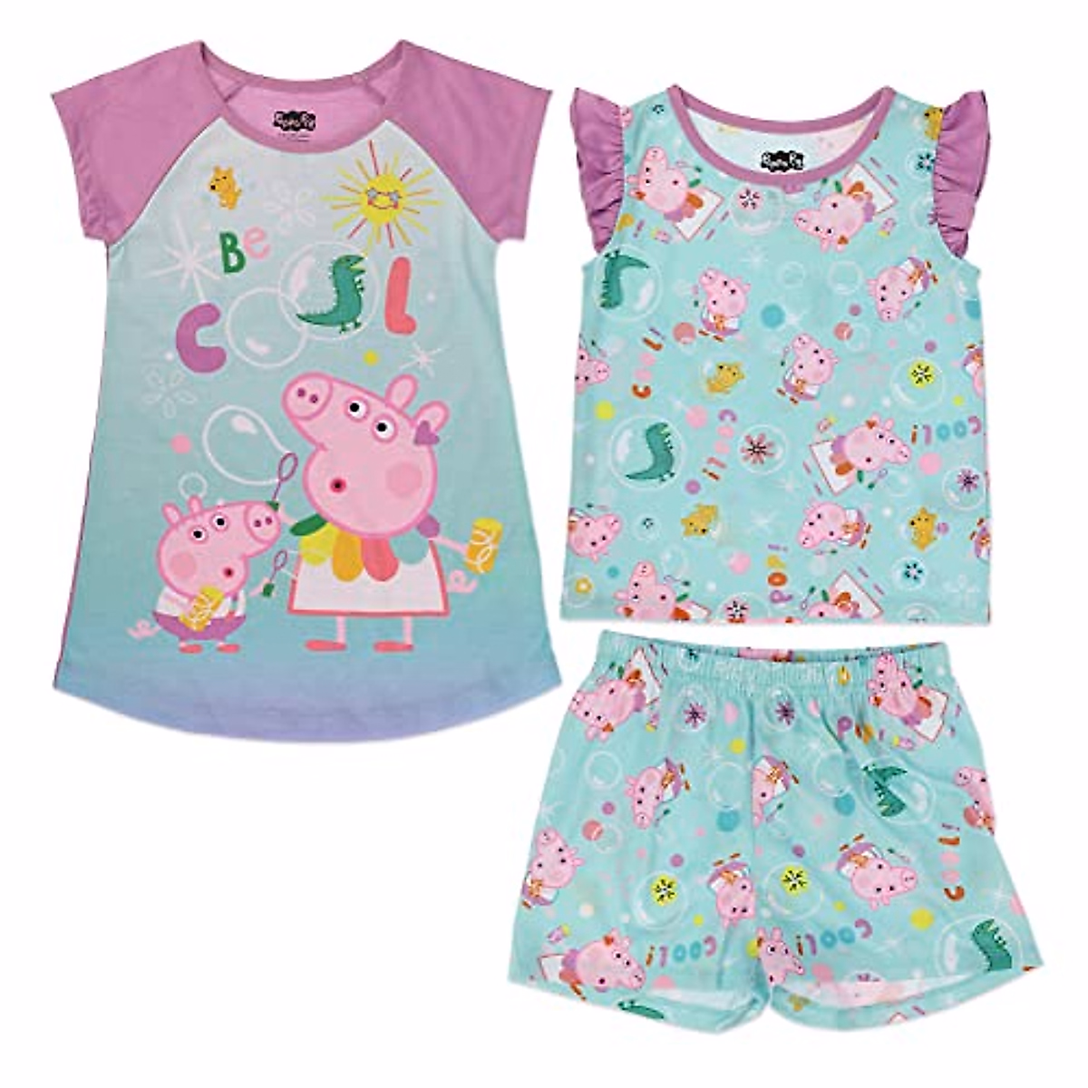 Peppa Pig Girls' Pajama Set 2-Piece Shorts and T-Shirt and Dorm Nightgown Bundle Set, Purple, 2T