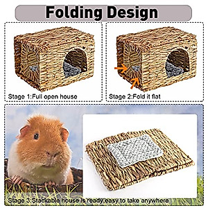 Abnaok Extra Large Grass House for Rabbits with Cotton Pads, Natural Grass Foldable Hut Small Animal Play Hideaway Bed Toys Hay Mat for Bunny Guinea Pig Chinchilla Ferret