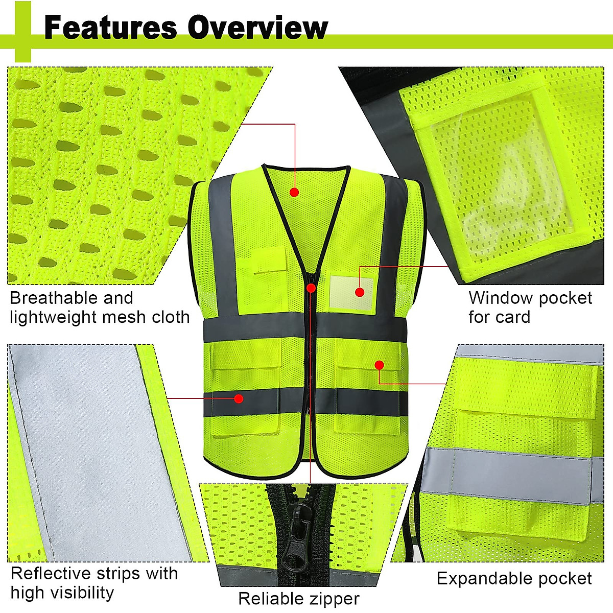 10 Pack Reflective Safety Vests with Pockets and Zipper, High Visibility Mesh Construction Vest for Men Women, Breathable Neon Working Vest for Outdoor Running Cycling Walking at Night One Size